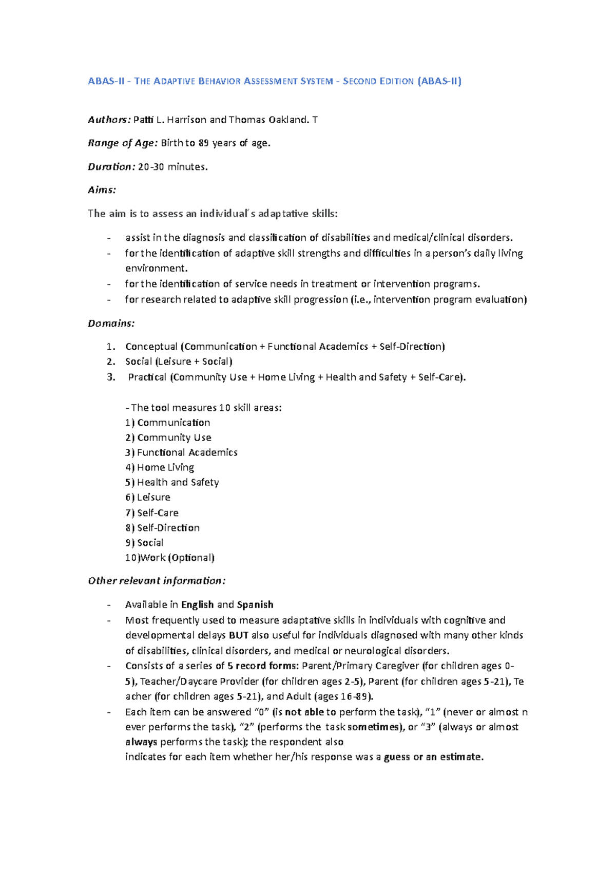 ABAS - Resumen ABAS - ABAS-II - THE ADAPTIVE BEHAVIOR ASSESSMENT SYSTEM ...
