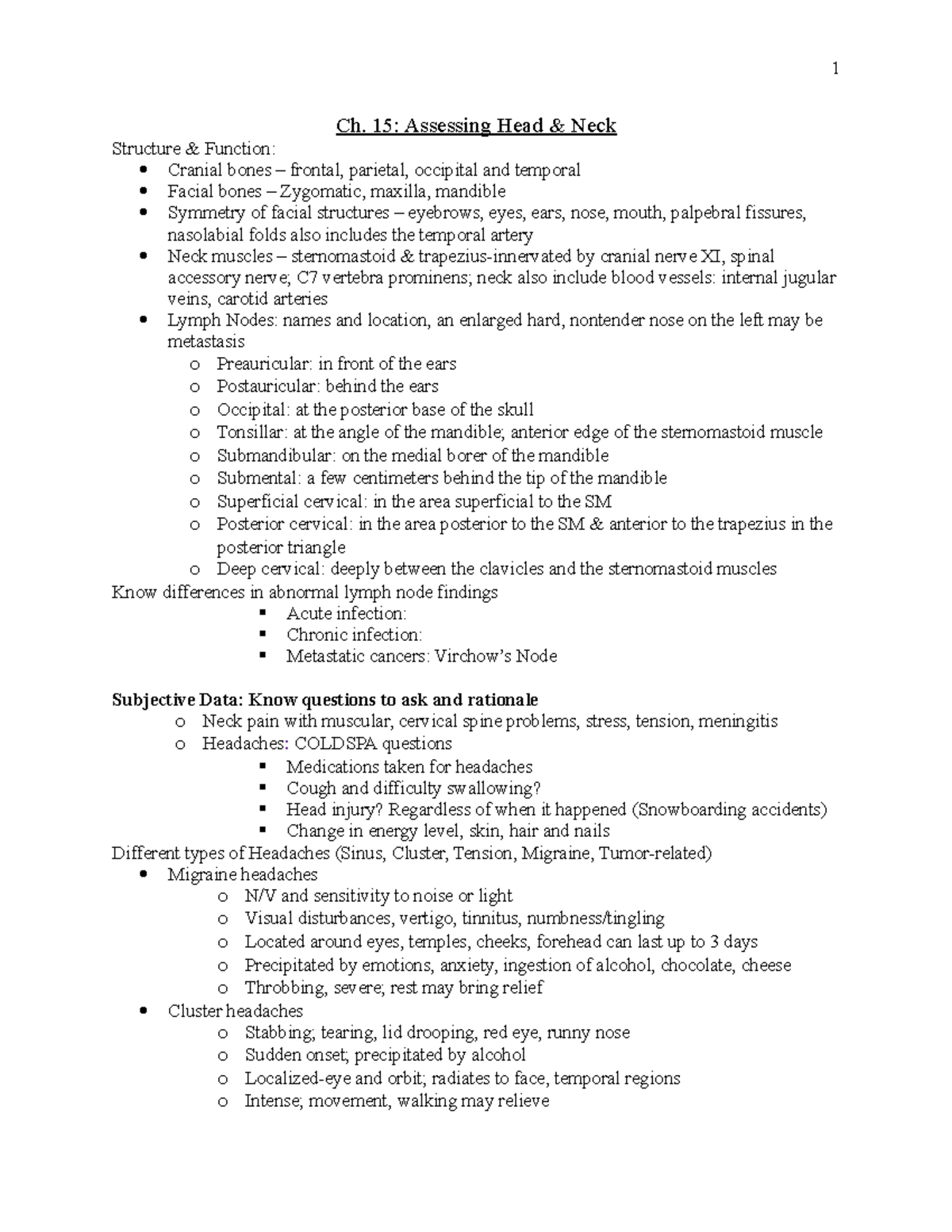 HHA Exam 3 Study Guide final - Ch. 15: Assessing Head & Neck Structure ...