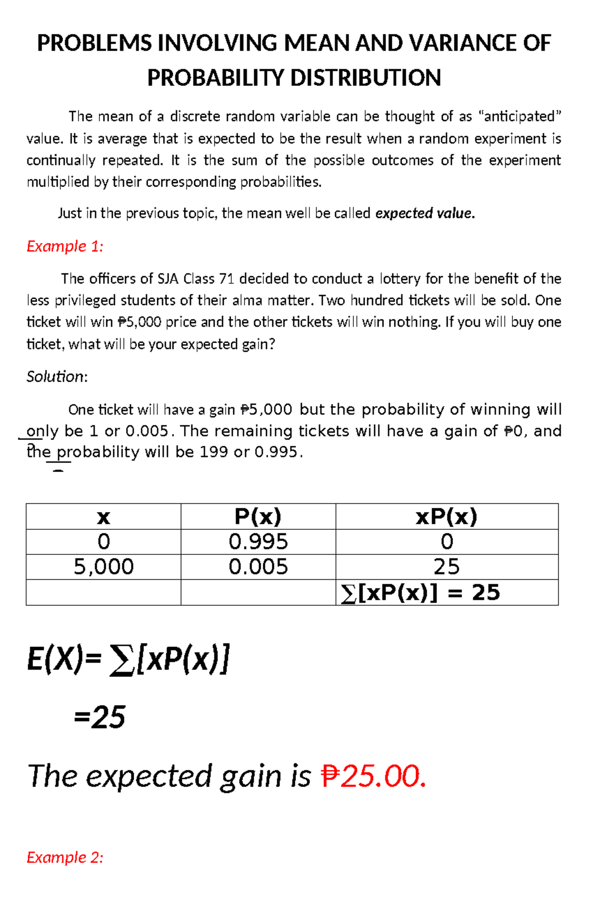 Problems Involving Mean and Variance of Probability Distributionh - PROBLEMS INVOLVING MEAN AND ...