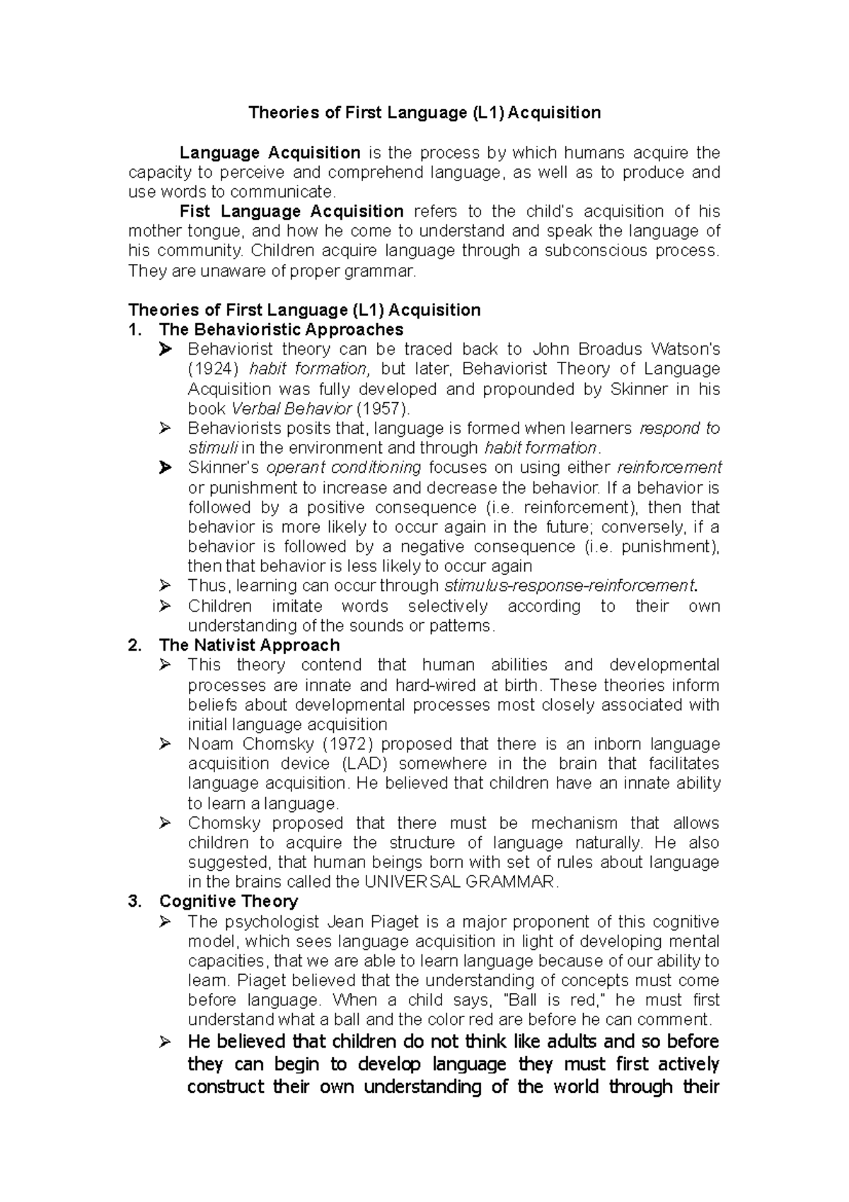 Theories of First Language (L1) Acquisition - Fist Language Acquisition ...