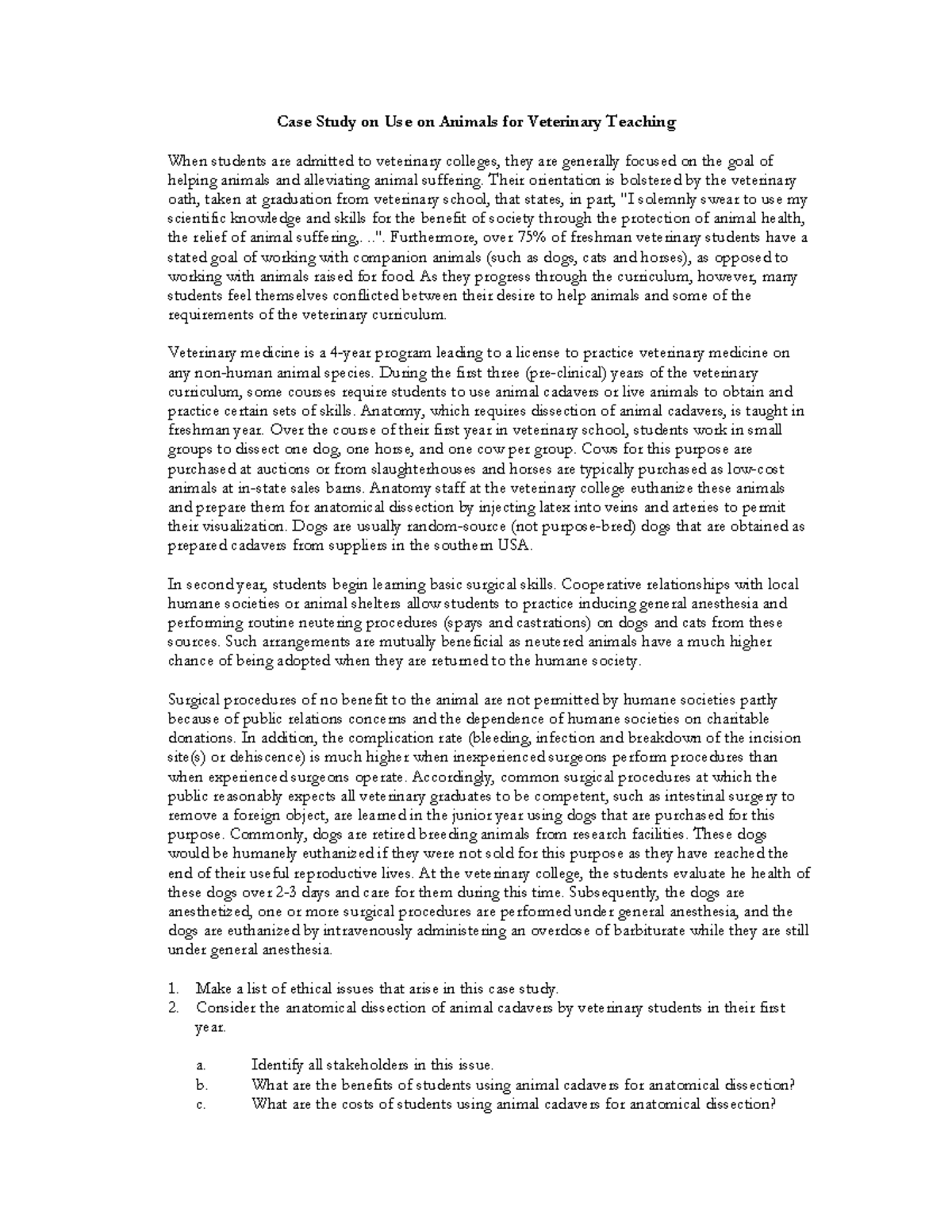 Lecture notes, lecture Case Study Veterinary Teaching Animals - Case ...