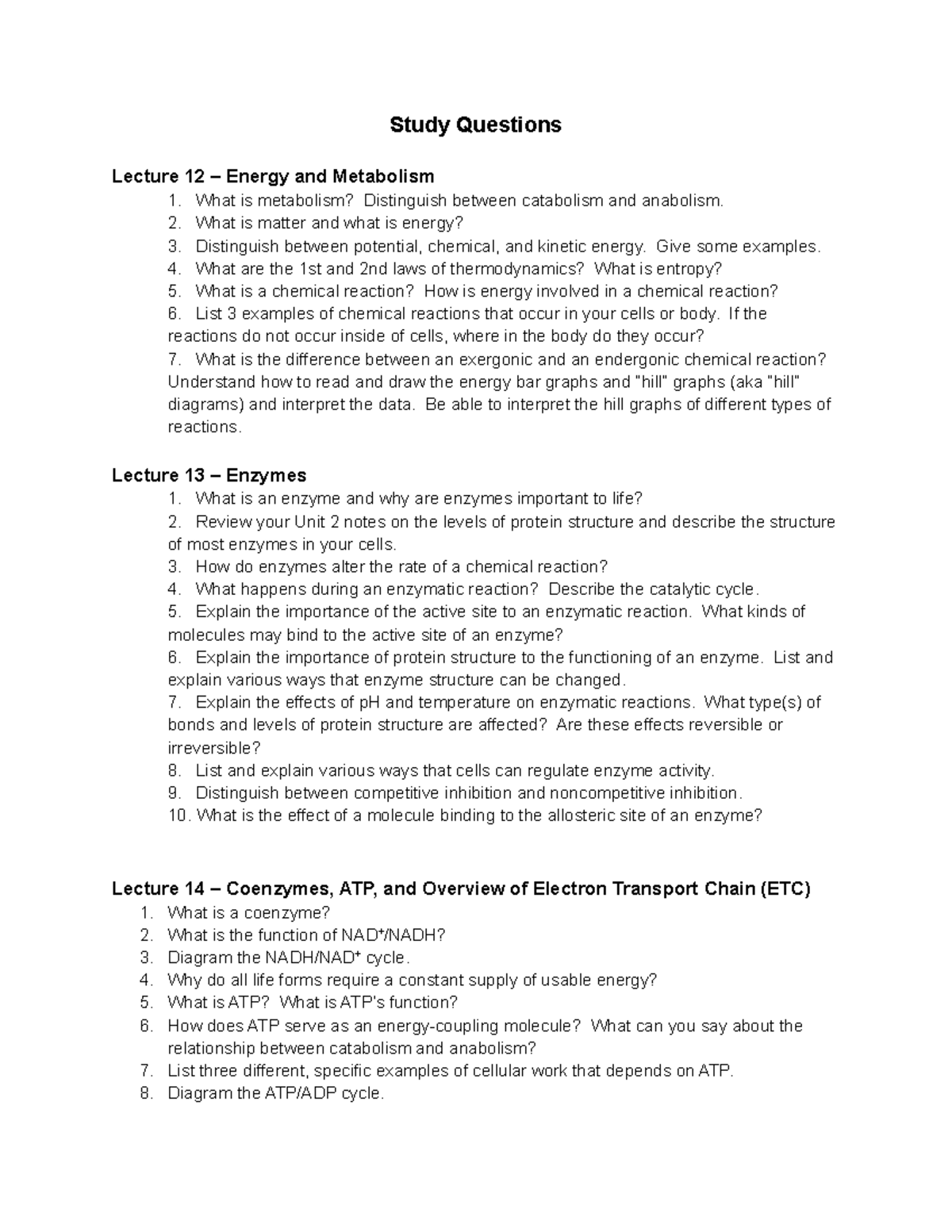 Study Questions-2 - Study Questions Lecture 12 – Energy and Metabolism ...