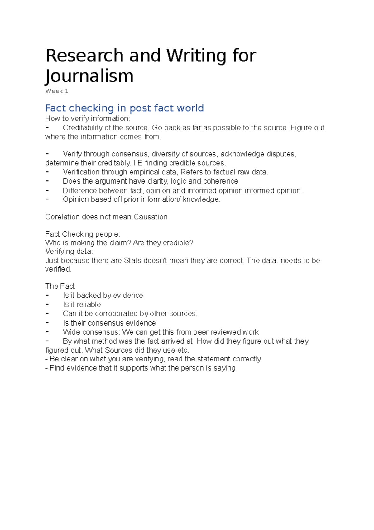 Fact Checking - Research and Writing for Journalism Week 1 Fact ...