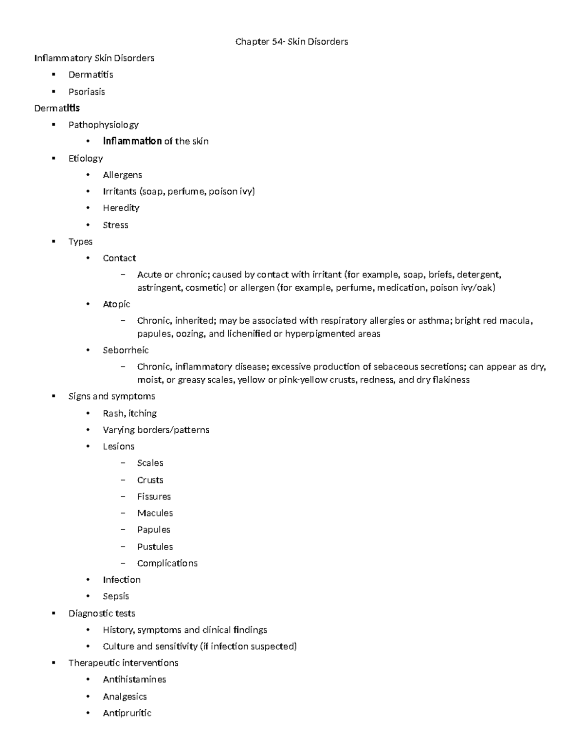 Chapter 54 notes - Chapter 54- Skin Disorders Inflammatory Skin ...