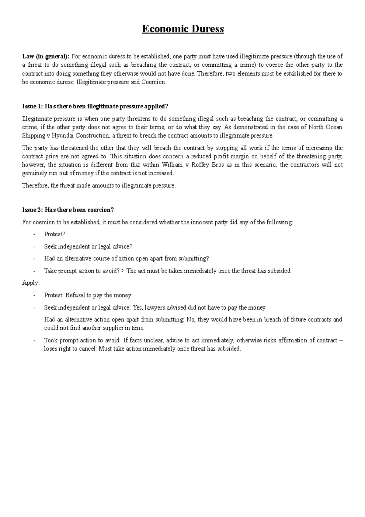 Economic Duress - Lecture Notes for Exam Topics - Economic Duress Law ...