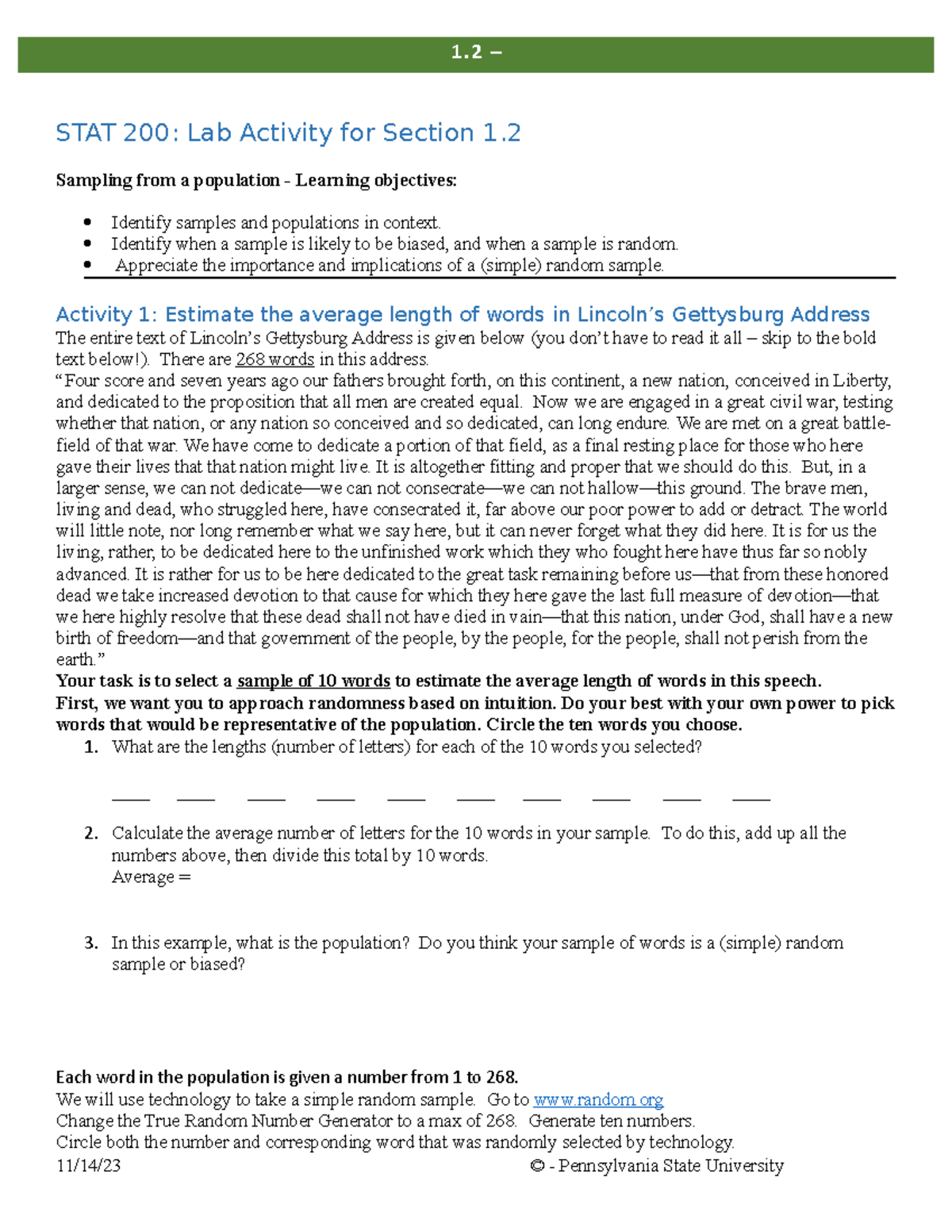 Section 01.2 shared lab - STAT 200: Lab Activity for Section 1. Sampling from a population ...