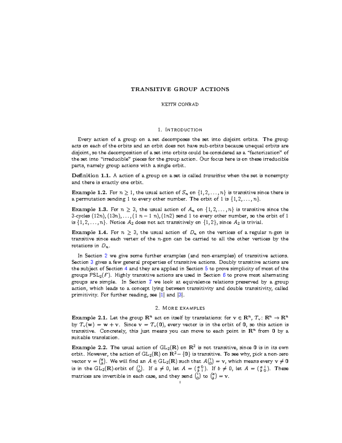 Transitive grouptheory - TRANSITIVE GROUP ACTIONS KEITH CONRAD ...