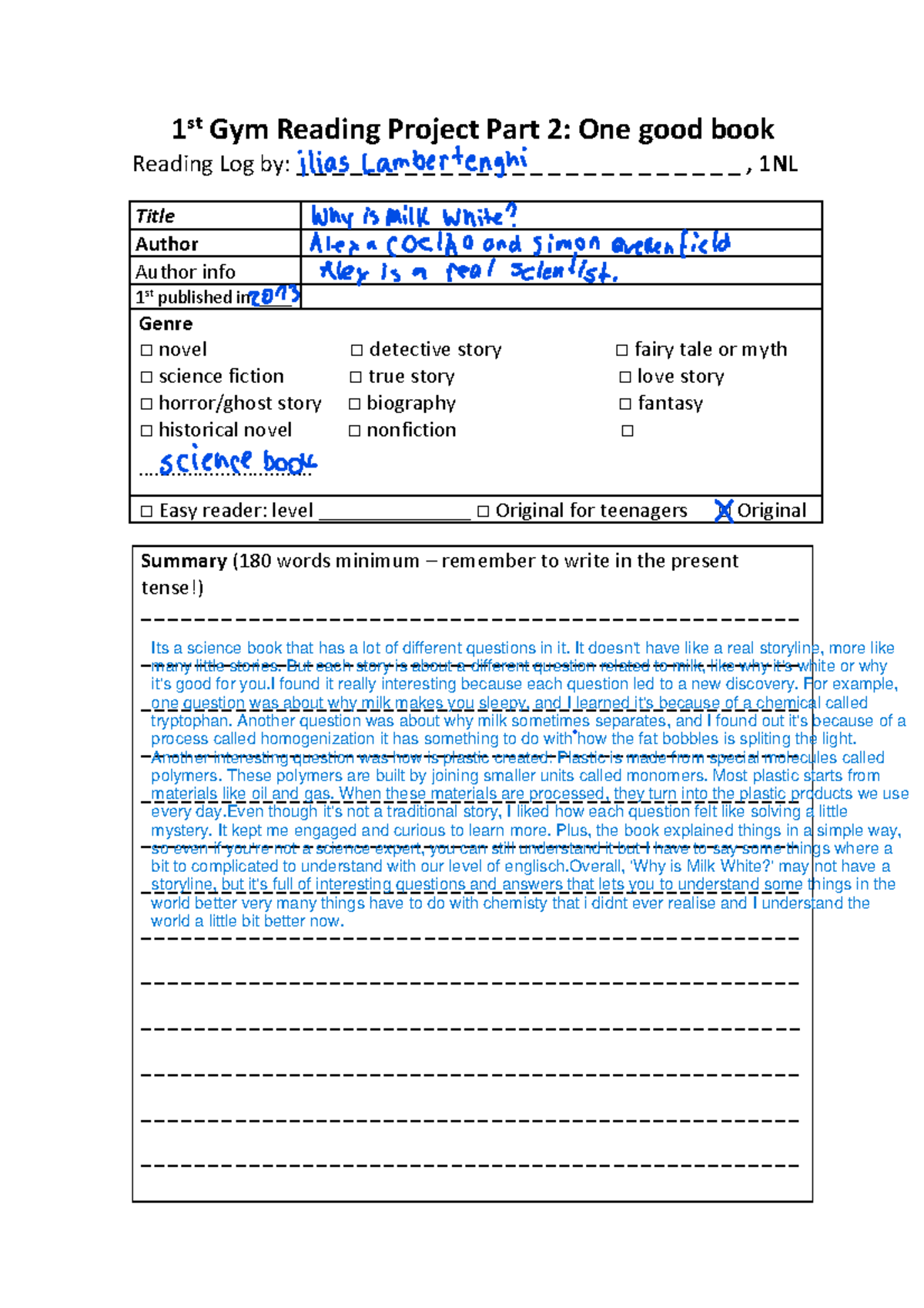 Englisch reading thing - 1 st Gym Reading Project Part 2: One good book ...