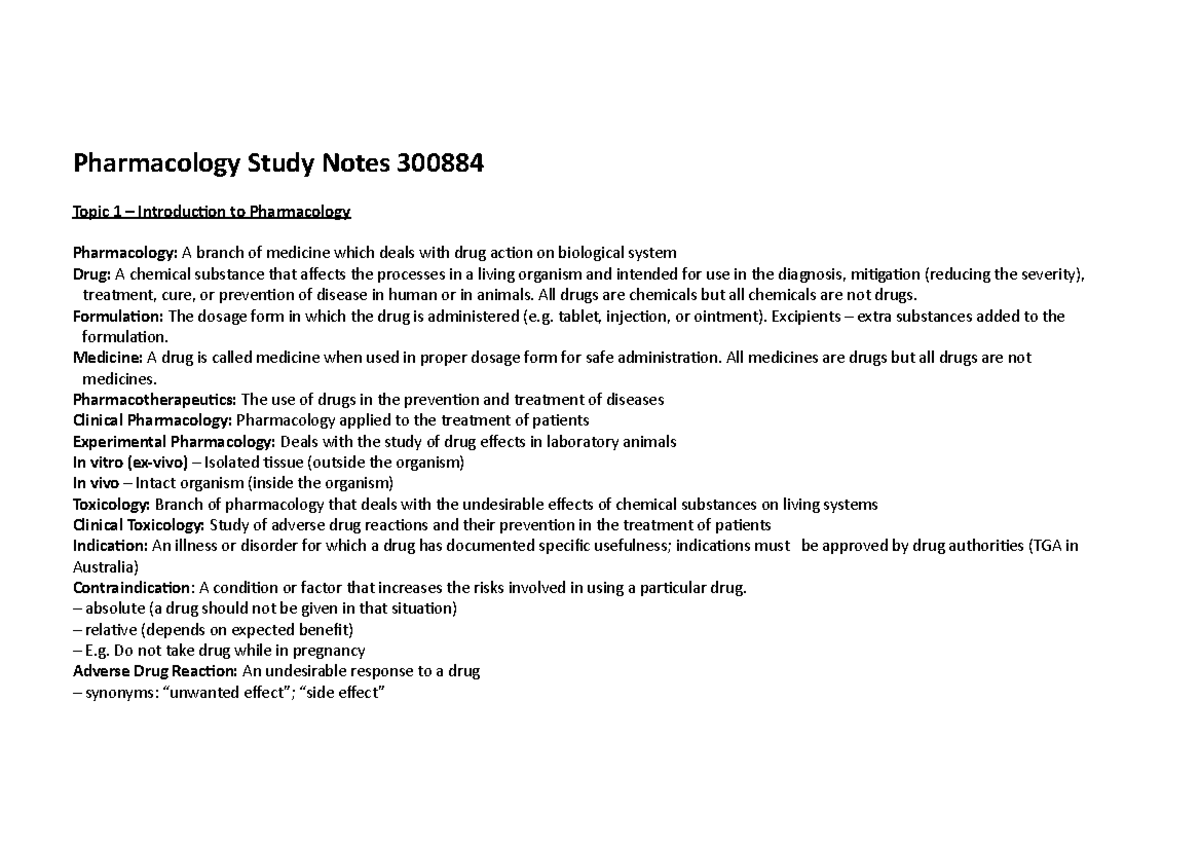 Pharmacology notes lecture 1 - Pharmacology Study Notes 300884 Topic 1 ...