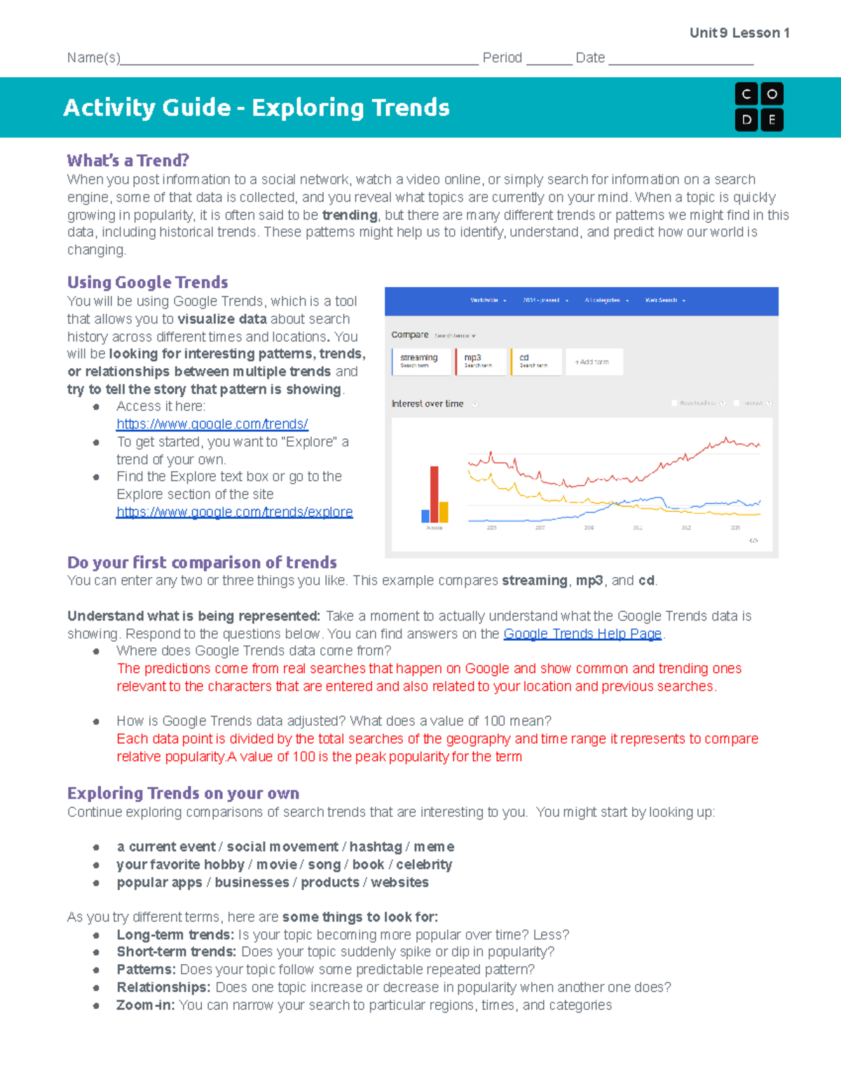 Exploring Trends - Unit 9 Lesson 1 Name(s