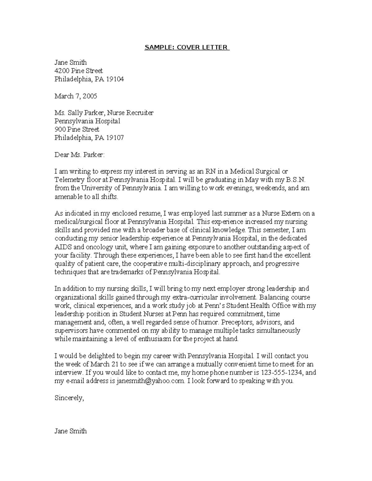 Cover Letter Sample 4 - SAMPLE: COVER LETTER Jane Smith 4200 Pine ...