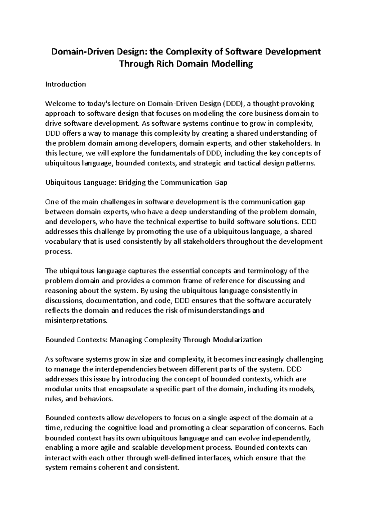 Domain-Driven Design- the Complexity of Software Development Through Rich Domain Modelling - Studocu