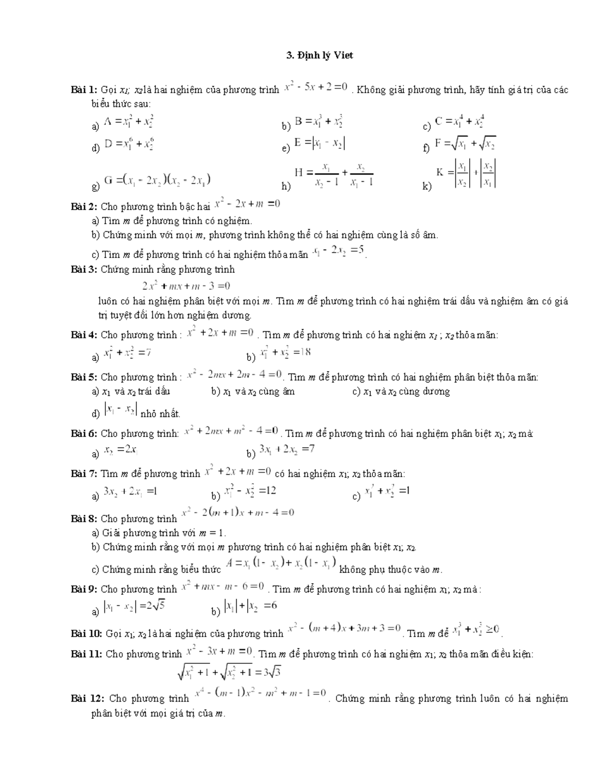 Icongchuc 3-dinh-ly-viet - Định lý Viet Bài 1: Gọi x 1 ; x 2 là hai ...