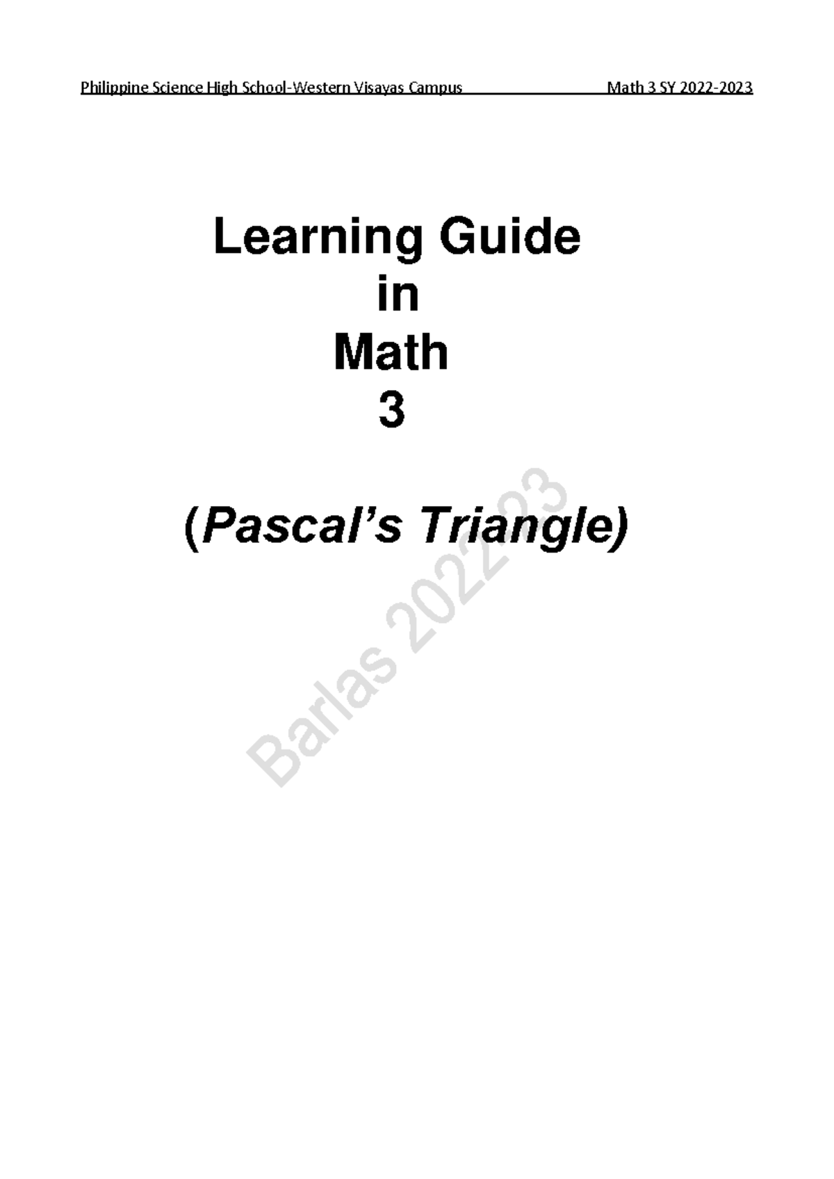 LG Pascal's Triangle - Learning Guide in Math 3 (Pascal’s Triangle ...