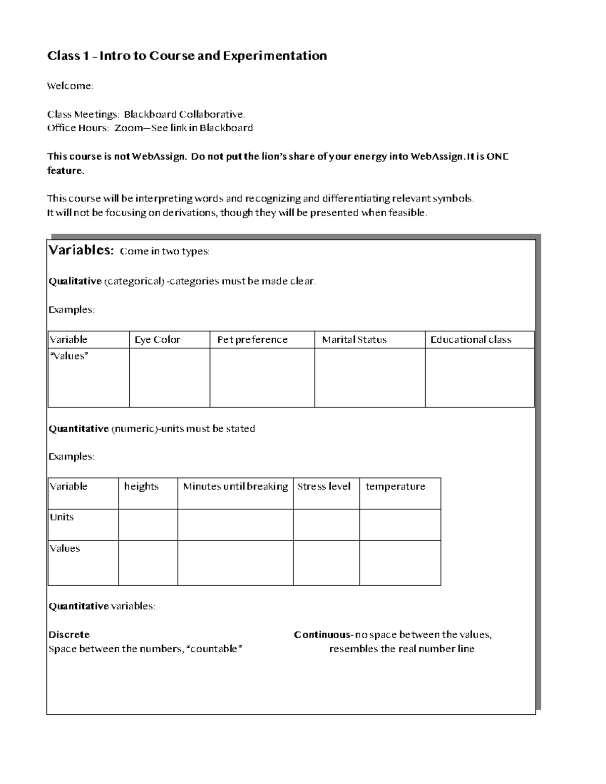 Lesson 1 - Class 1 lecture handout - Class 1 – Intro to Course and ...