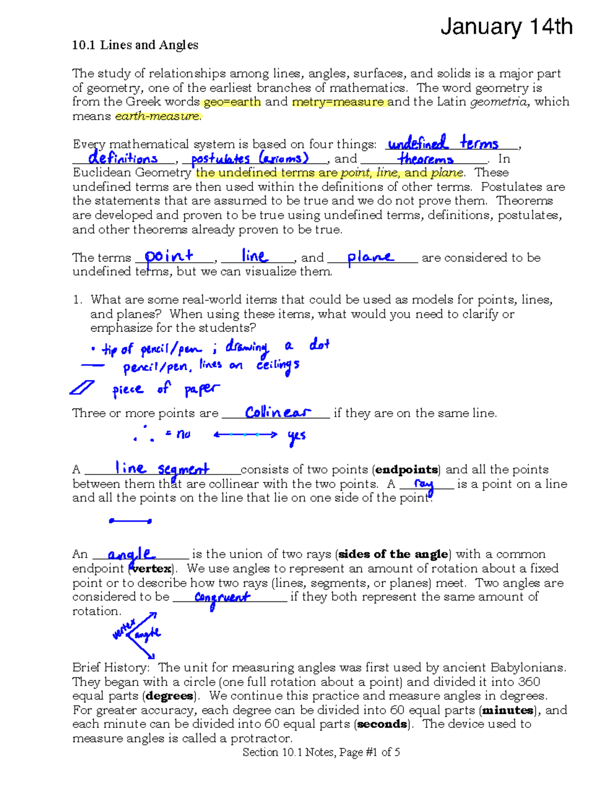 Guided Notes - January 14th 10 Lines and Angles The study of ...