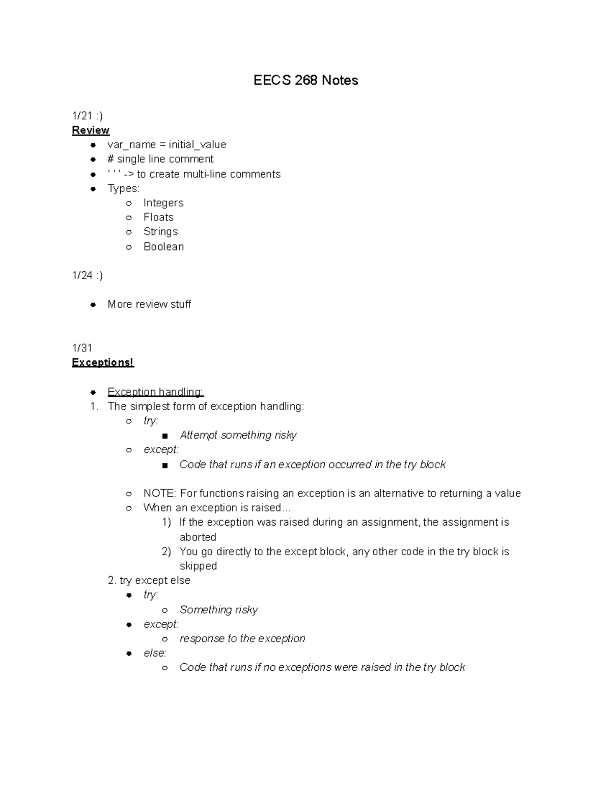 EECS 268 - EECS 268 Lecture notes with Gibbons - EECS 268 Notes 1/21 ...