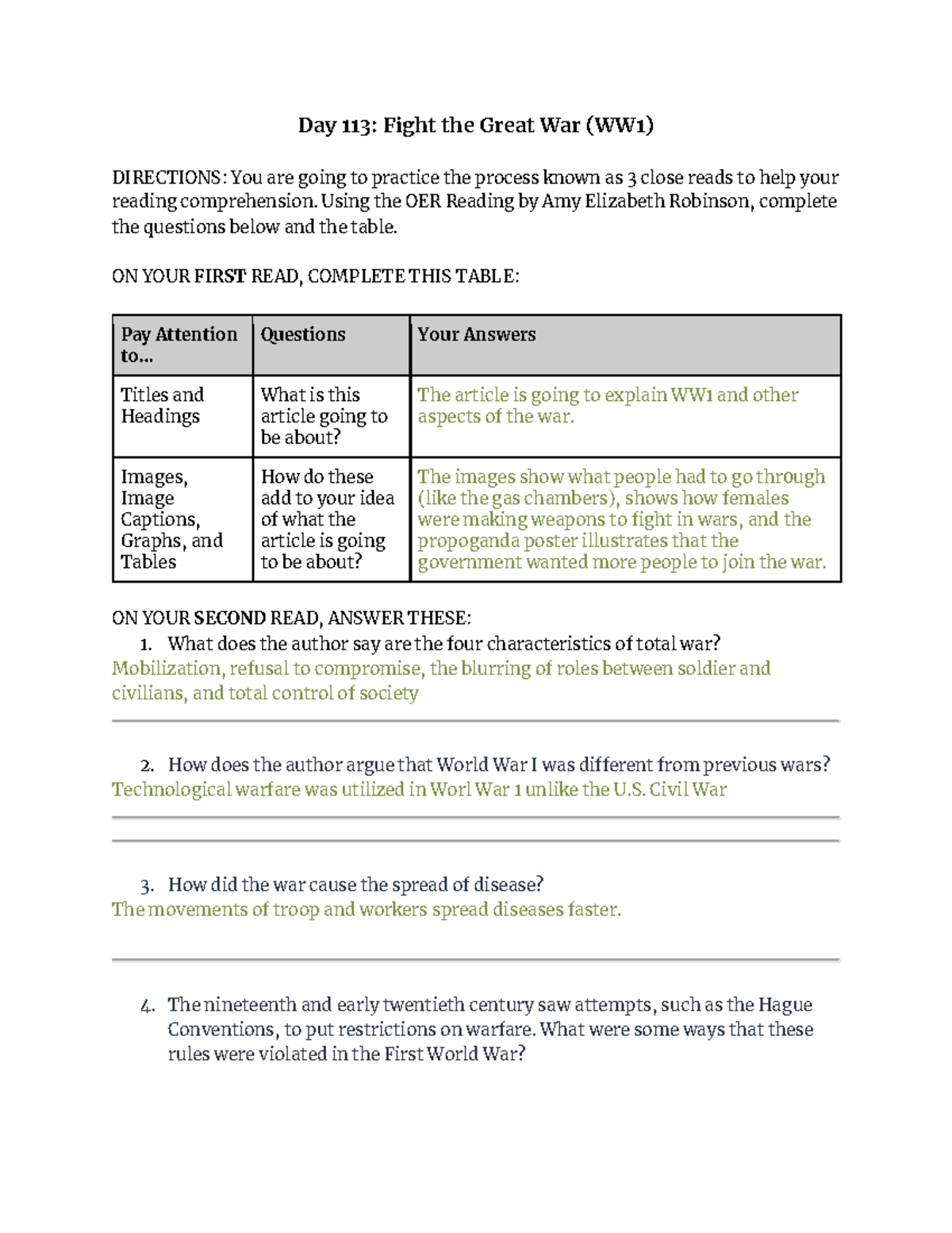 Day 113 - Day 113: Fight the Great War (WW1) DIRECTIONS: You are going ...