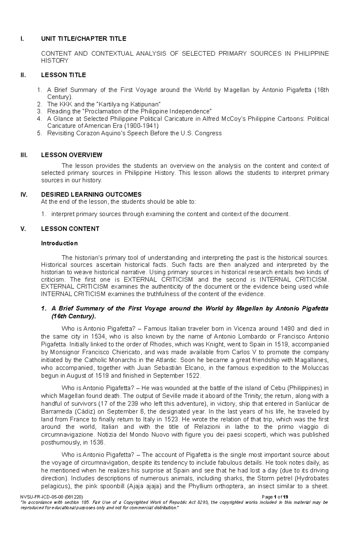 Content AND Contextual Analysis OF Selected Primary Sources IN Philippine History - I. UNIT ...