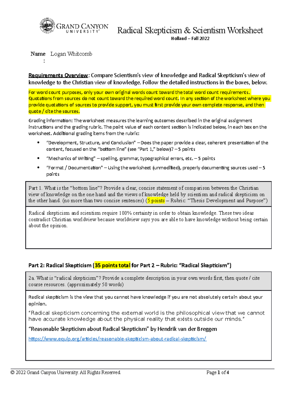 Skepticism Scientism Holland FA22 - Radical Skepticism & Scientism ...