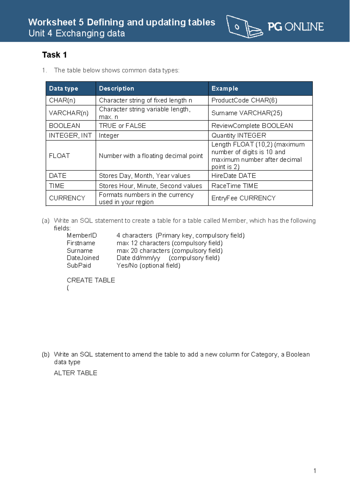 Exchanging data Worksheet 5 Defining and updating tables using SQL - Worksheet 5 Defining and ...