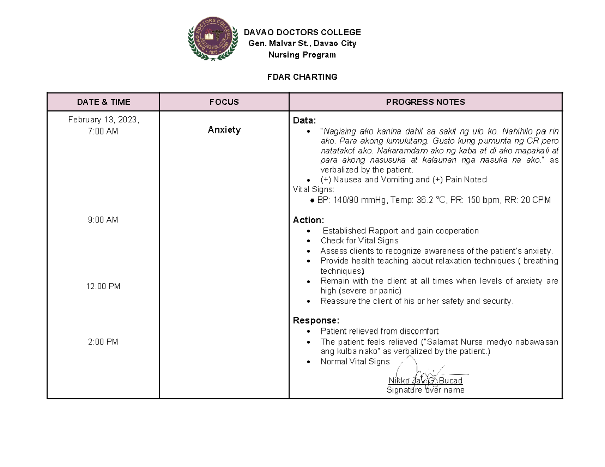 FDAR-FORM-M7 Bucad - FDAR - DAVAO DOCTORS COLLEGE Gen. Malvar St ...