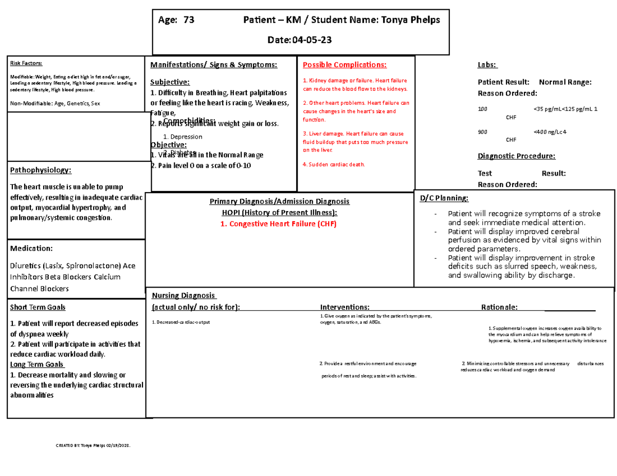 CARE PLAN Blank- Congestive Heart Failure - CREATED BY: Tonya Phelps 02 ...