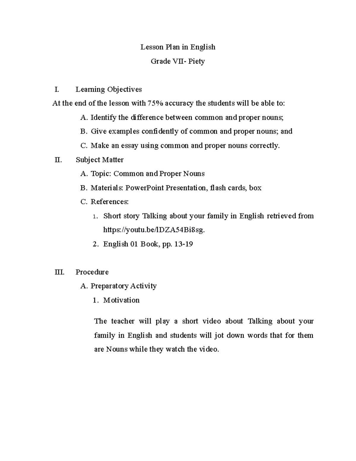 Common And Proper Nouns Lesson Plan Lesson Plan In English Grade VII 