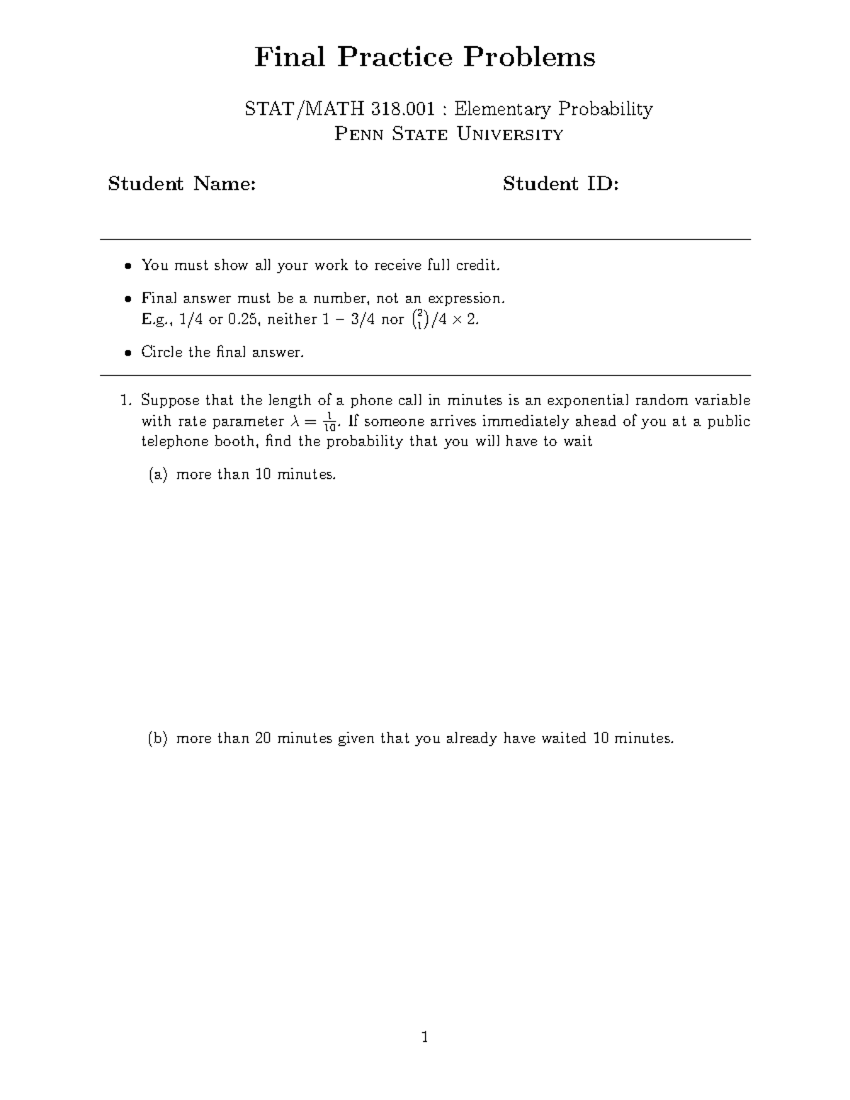 Final Practice Problems - Final Practice Problems STAT/MATH 318 : Elementary Probability Penn ...