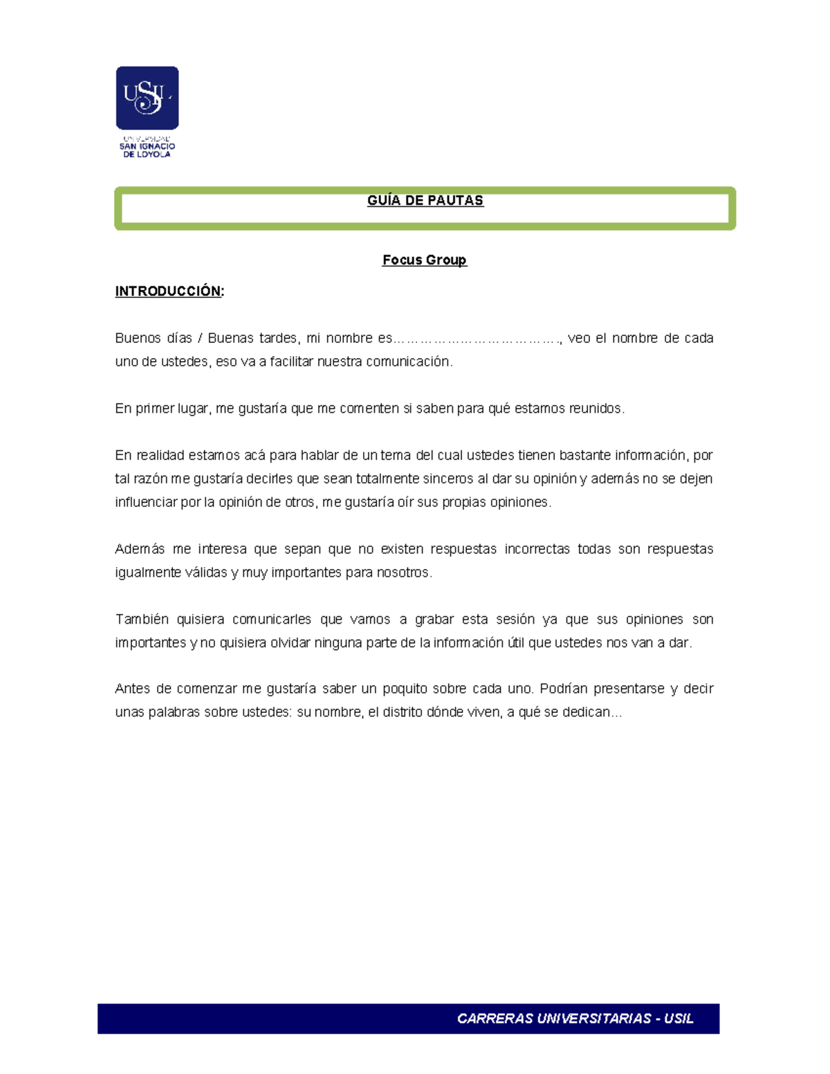 Ejemplo-de-guia-de-pautas-de-bebida-energizante - Focus Group INTRODUCCIÓN: Buenos días / Buenas ...