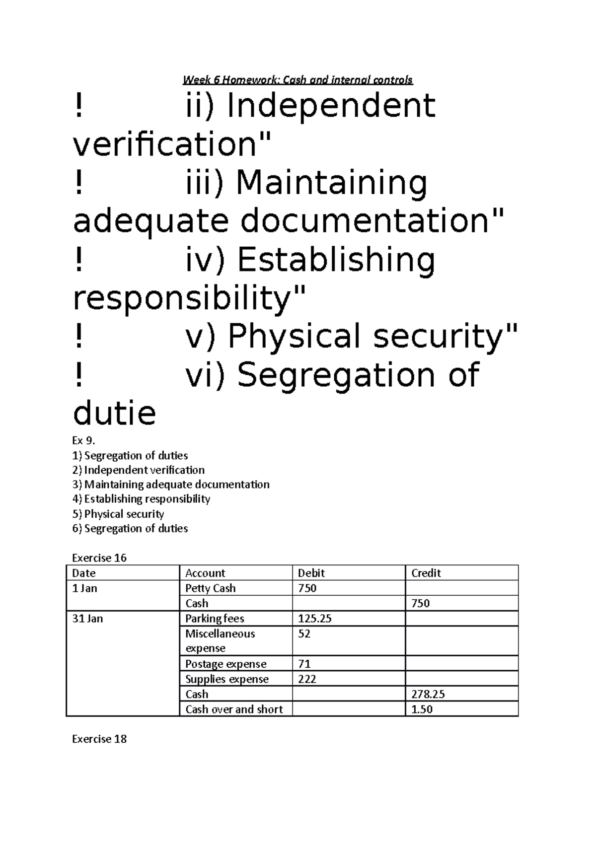 Week 6 Homework - Cash and internal controls - Segregation of duties ...