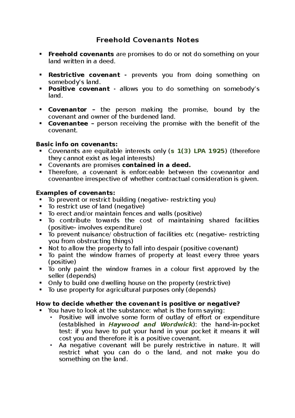 Freehold Covenants Notes - Restrictive covenant - prevents you from ...