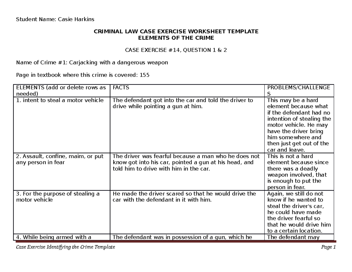 Criminal law case 14 problem 1 and 2 - Student Name: Casie Harkins ...