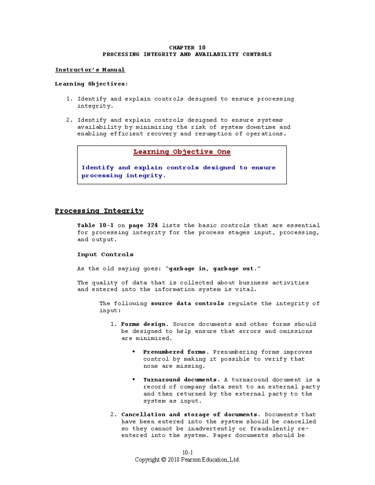 Romney ais14 im 10 - CHAPTER 10 PROCESSING INTEGRITY AND AVAILABILITY CONTROLS Instructor’s ...