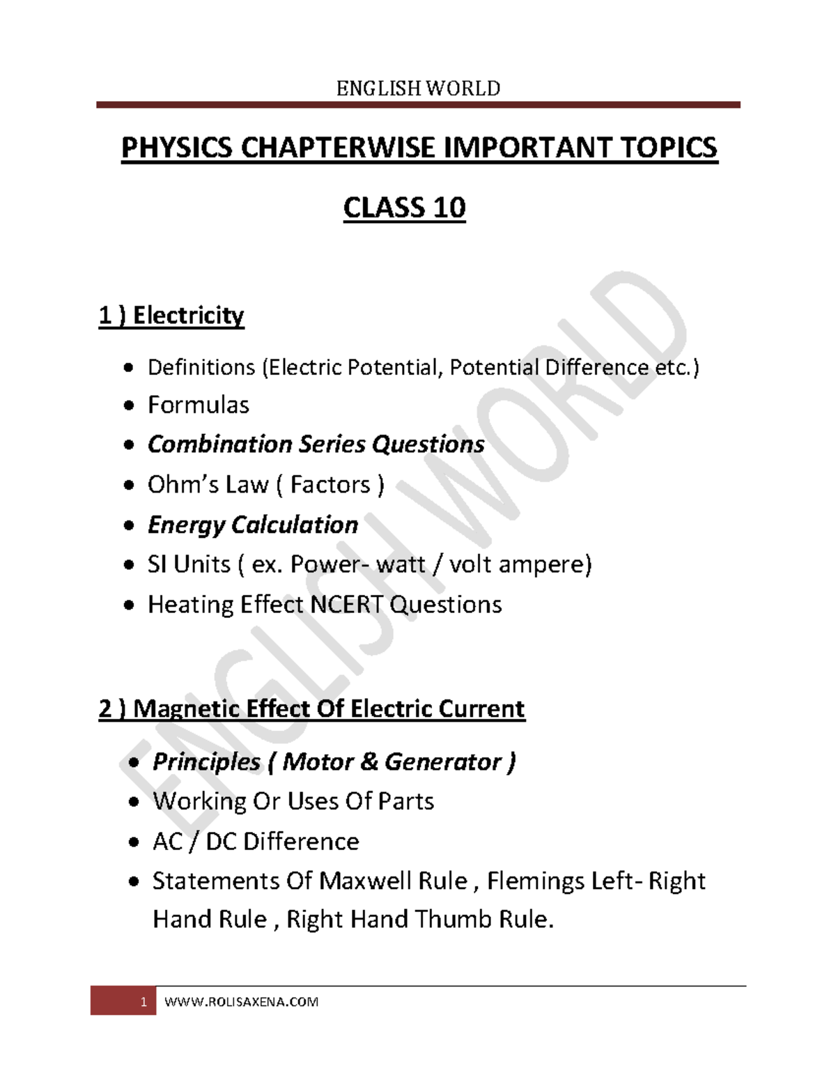Physics Important Topics - ENGLISH WORLD 1 WWW.ROLISAXENA PHYSICS ...