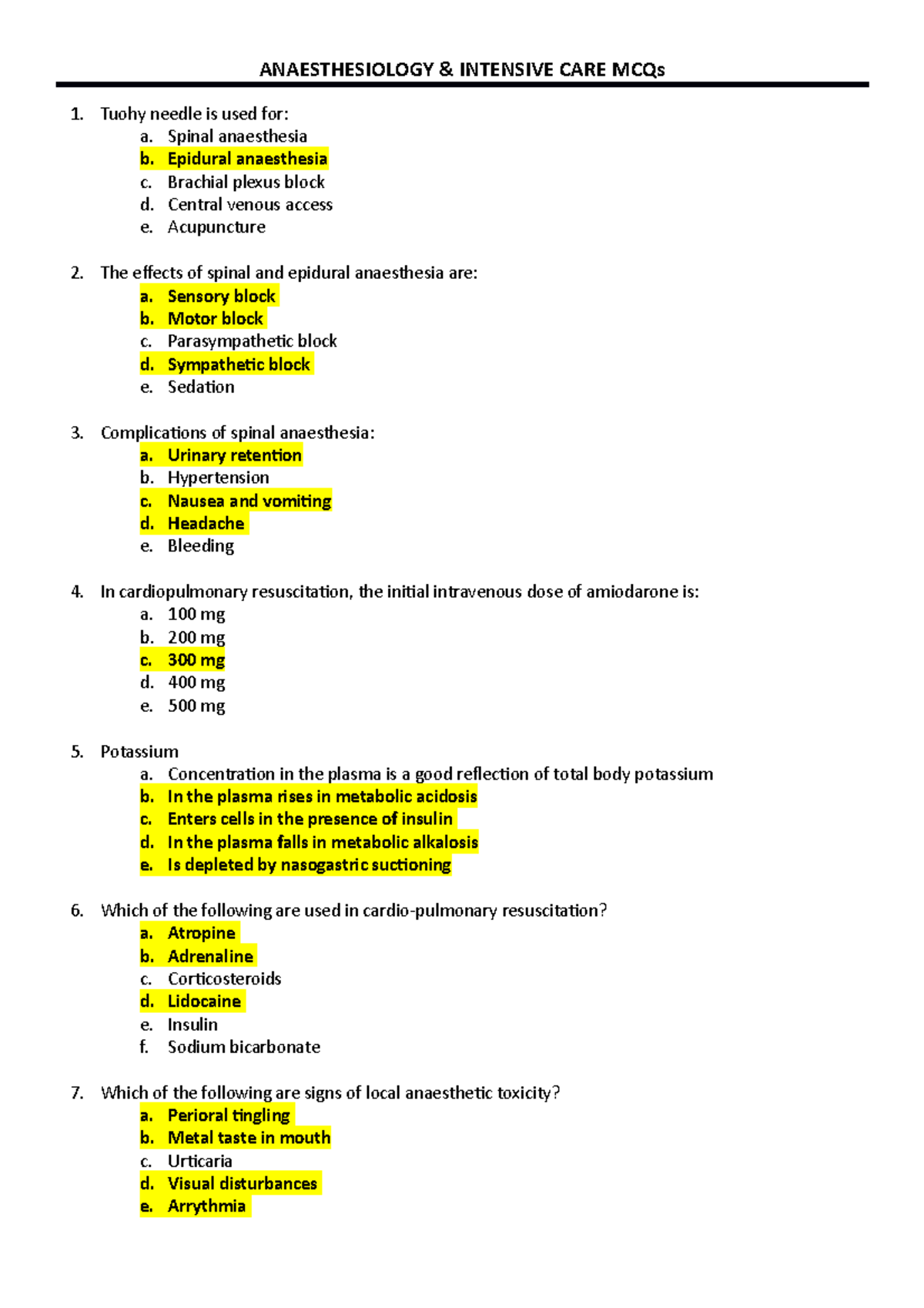 Anaesthesiology MCQs - Answers - Tuohy needle is used for: a. Spinal ...