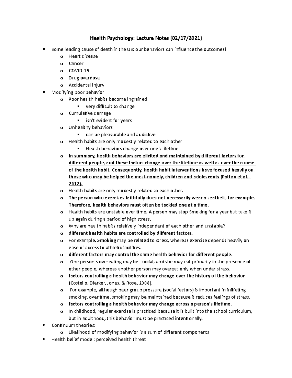 Lectures 5 and 6 - Health Psychology: Lecture Notes (02/17/2021) Some ...