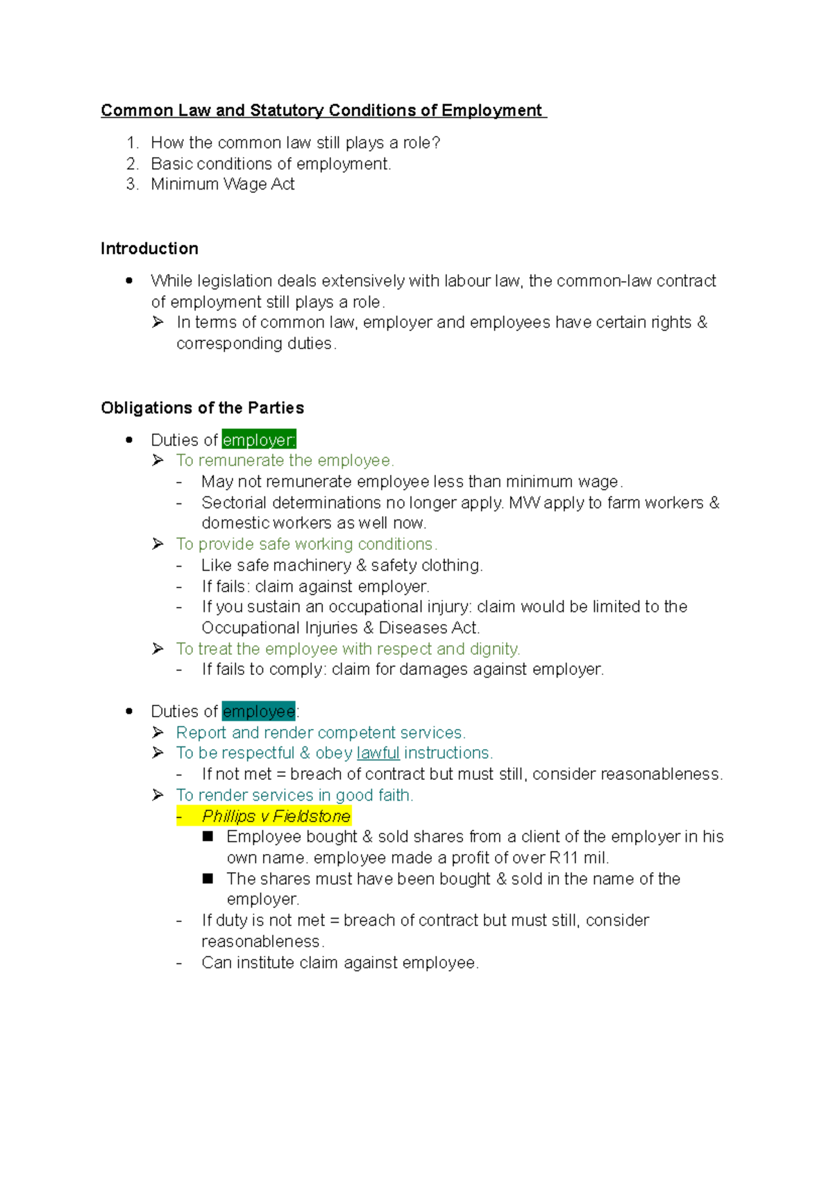 Common Law and Statutory Conditions of Employment - Minimum Wage Act ...