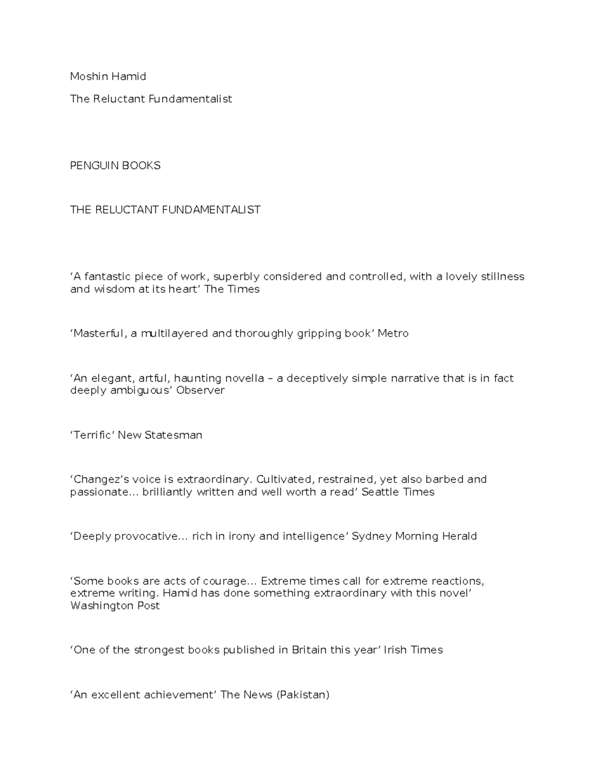 The Reluctant Fundamentalist - Mohsin Hamid - Moshin Hamid The ...