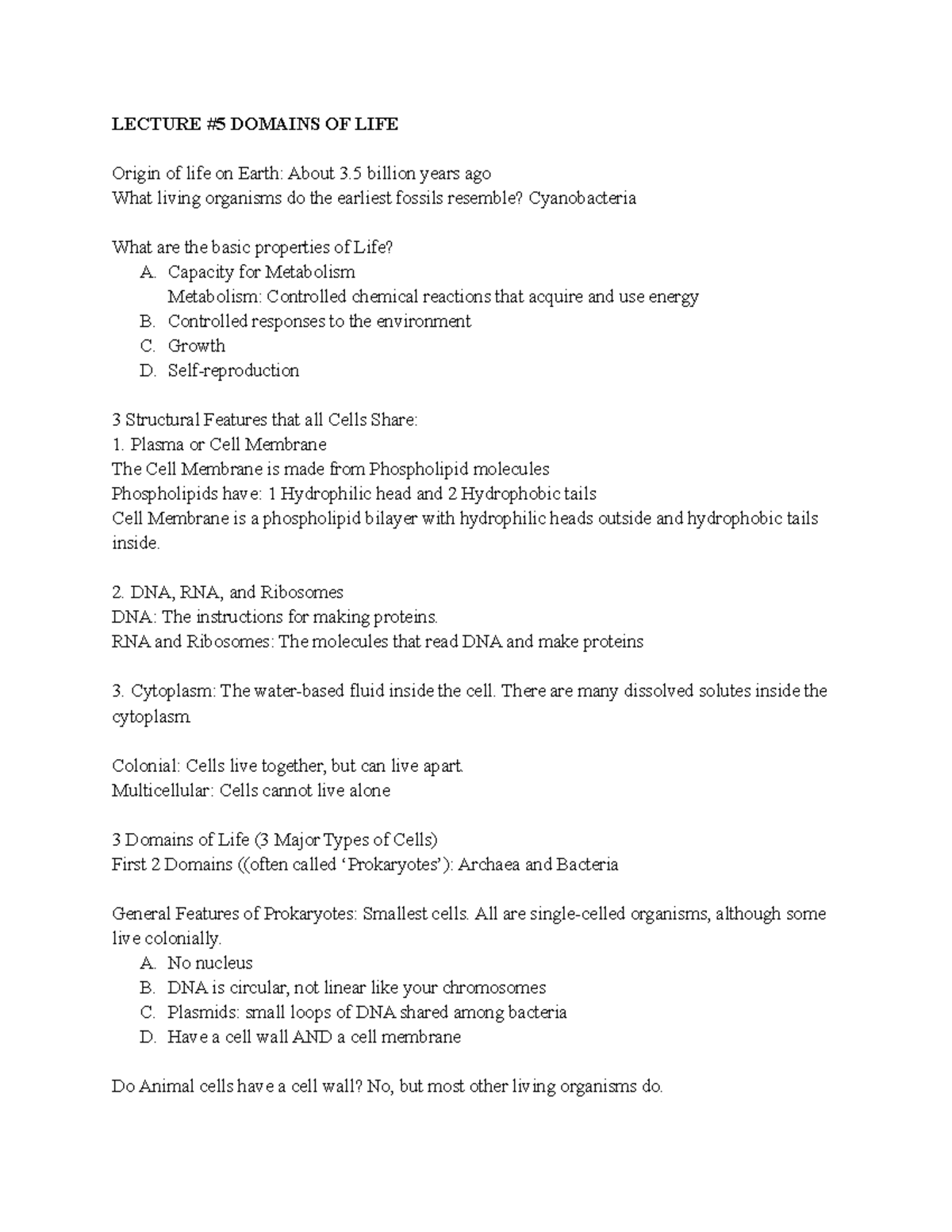 Bio 1102 Study Guide 5 - LECTURE #5 DOMAINS OF LIFE Origin of life on ...