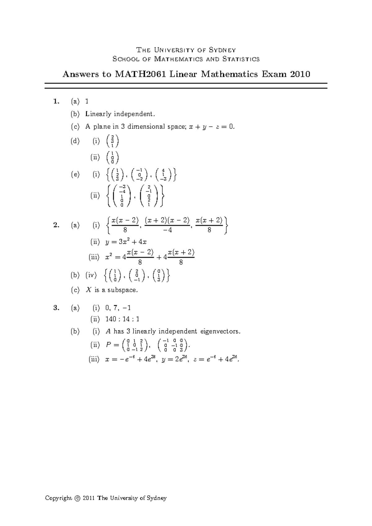 Linearexam-2010 ans - passpapaer - The University of Sydney School of ...