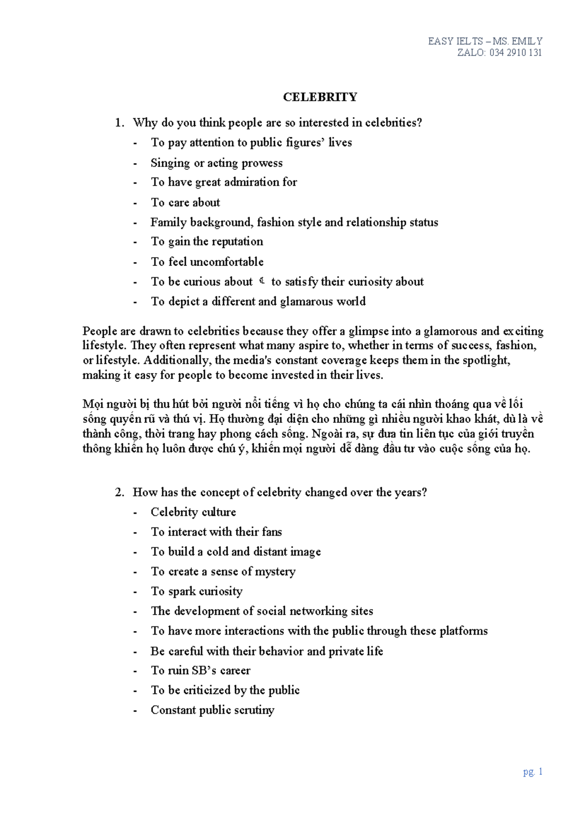 UNIT 91 Celebirty - note - EASY IELTS – MS. EMILY ZALO: 034 2910 131 pg ...
