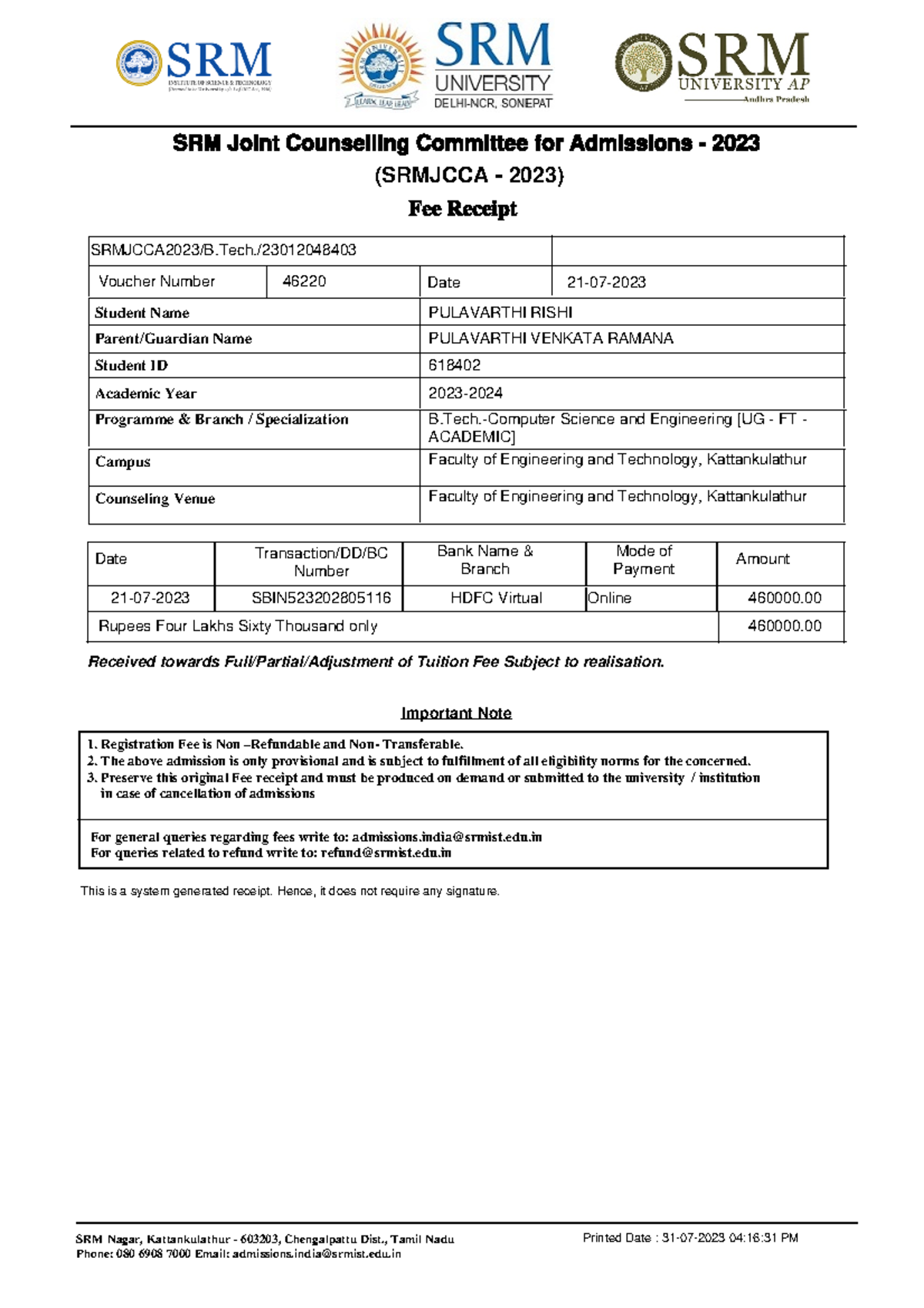 Provisional Admit Card Printing - SRM Joint Counselling Committee for Admissions - 2023 (SRMJCCA ...