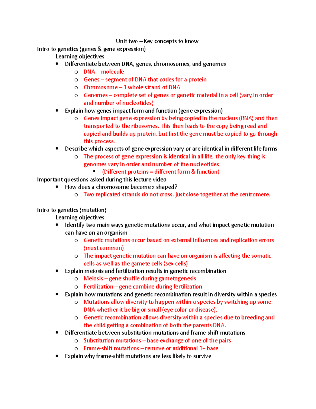 Unit two BIO 181 Key concepts - Unit two – Key concepts to know Intro ...
