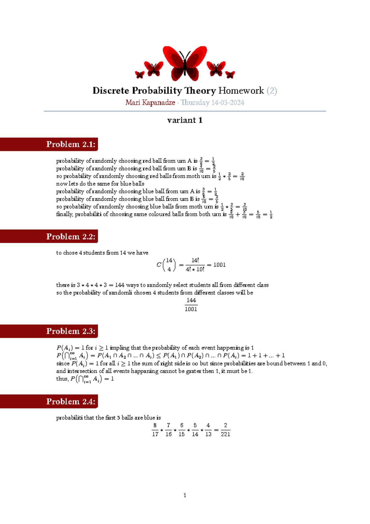 HomeWore for DPT - Discrete Probability Theory Homework (2) Mari Kapanadze ⋅ Thursday 14-03 ...