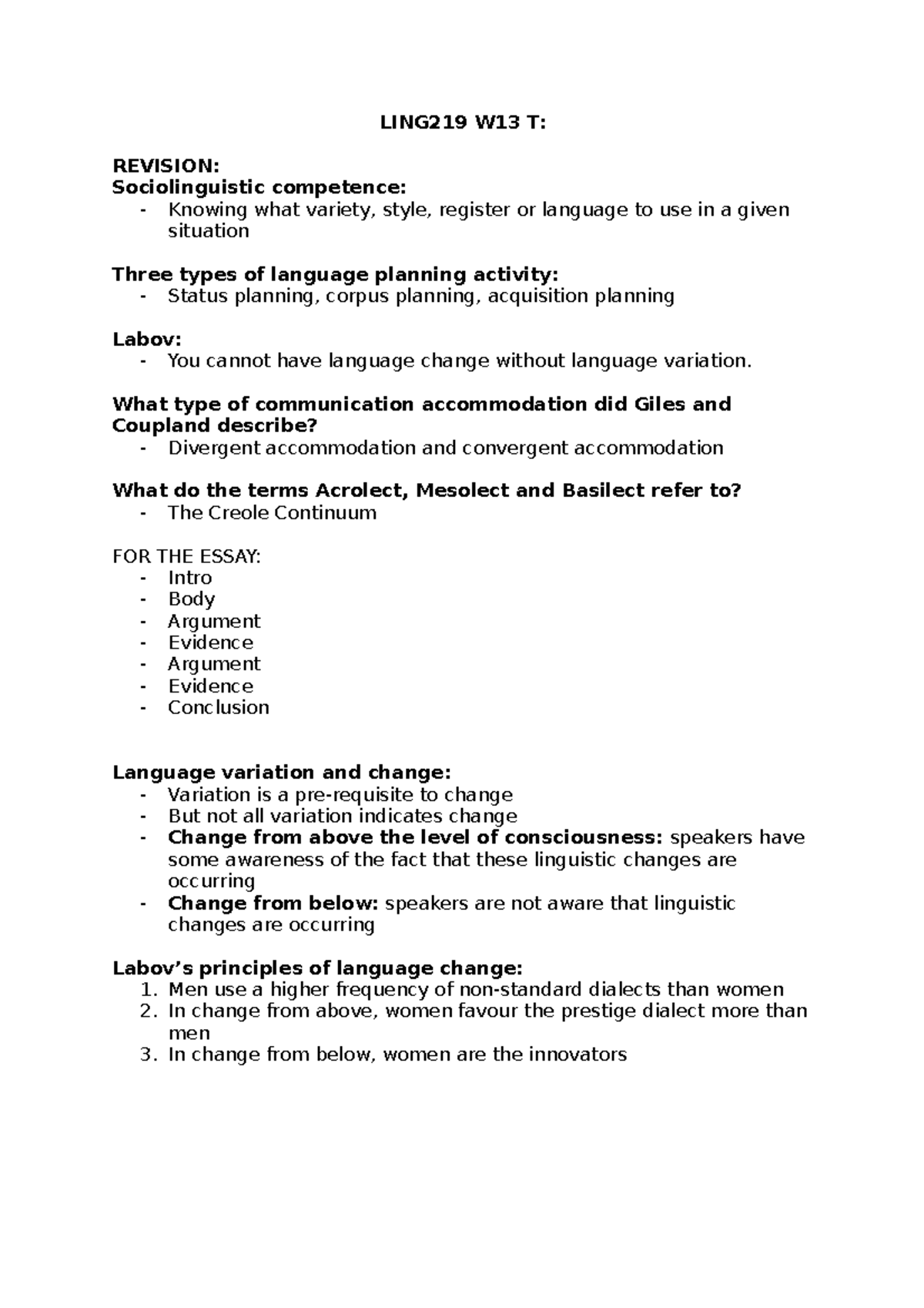LING219 W13 T - Summary of tutorial notes - LING219 W13 T: REVISION ...