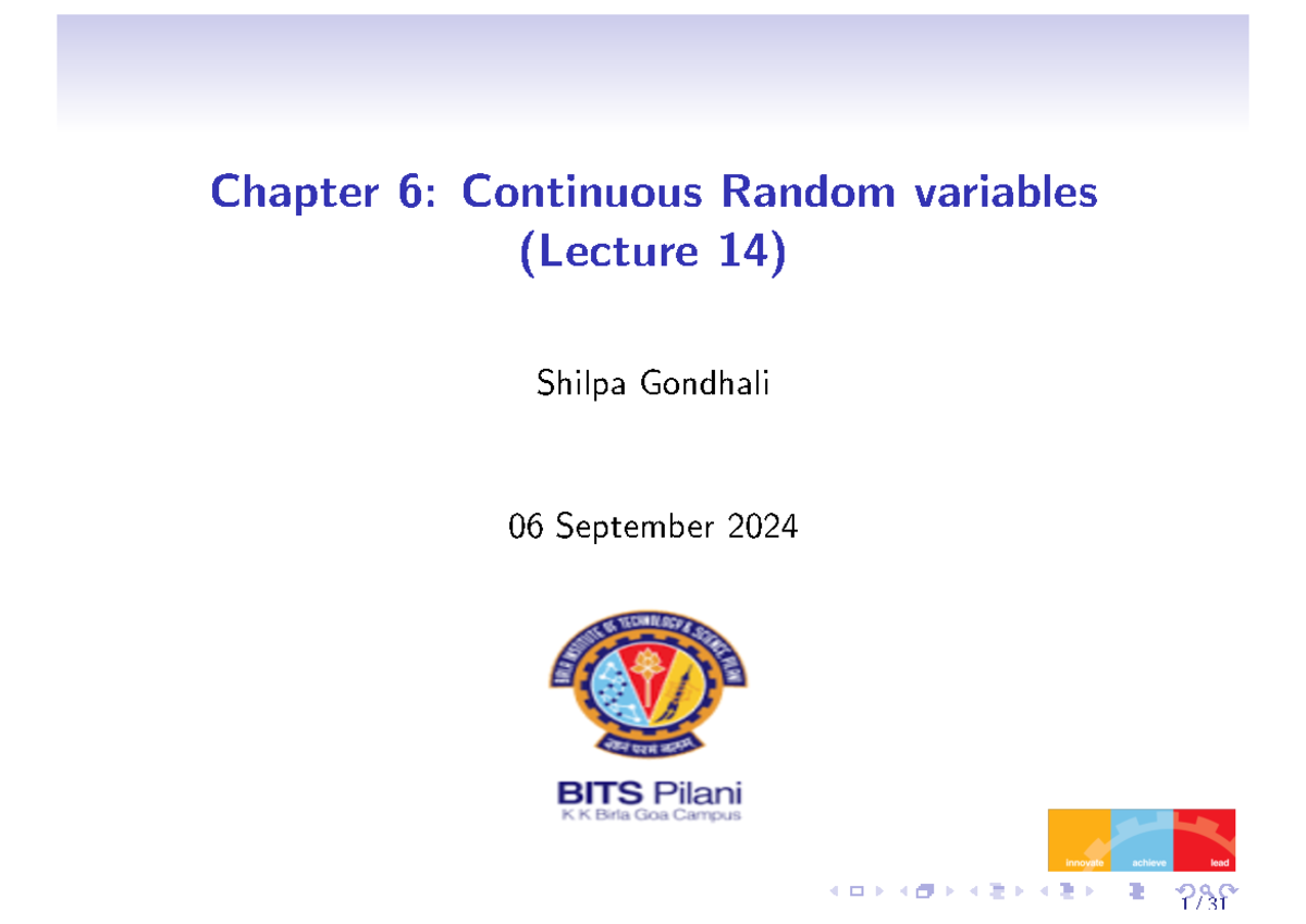 06Sep24 annotations - lec - Chapter 6: Continuous Random variables (Lecture 14) Shilpa Gondhali ...