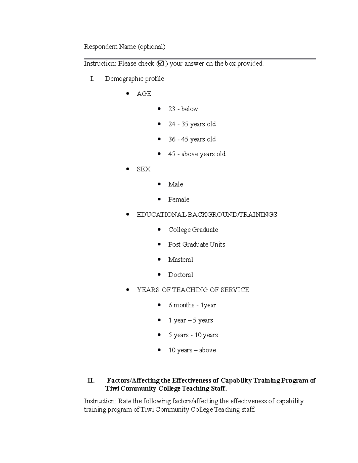 Survey - Respondent Name (optional) Instruction: Please check ( ) your ...