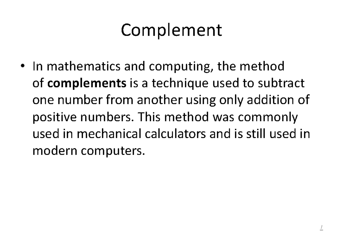 Raid 1's,2's'9s complement - Complement • In mathematics and computing, the method of ...