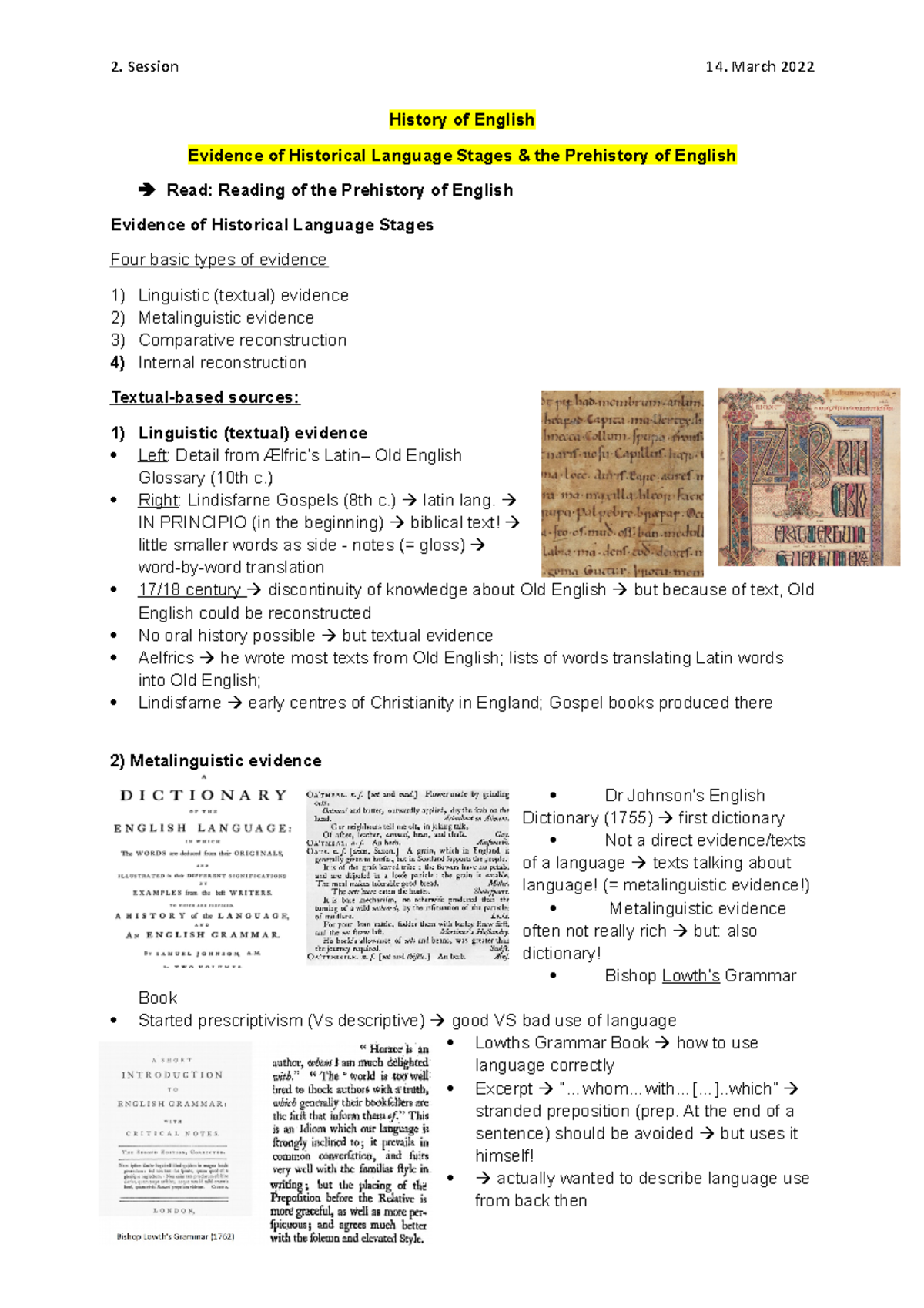 HOE 2. SEss - History of English Evidence of Historical Language Stages ...